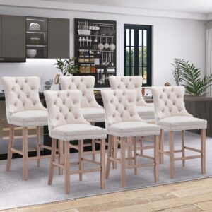 JETEAGO Bar Stools Set of 6, Velvet Upholstered Bar Stool for Kitchen Island, Counter Stools with Nailhead Trim, Beige