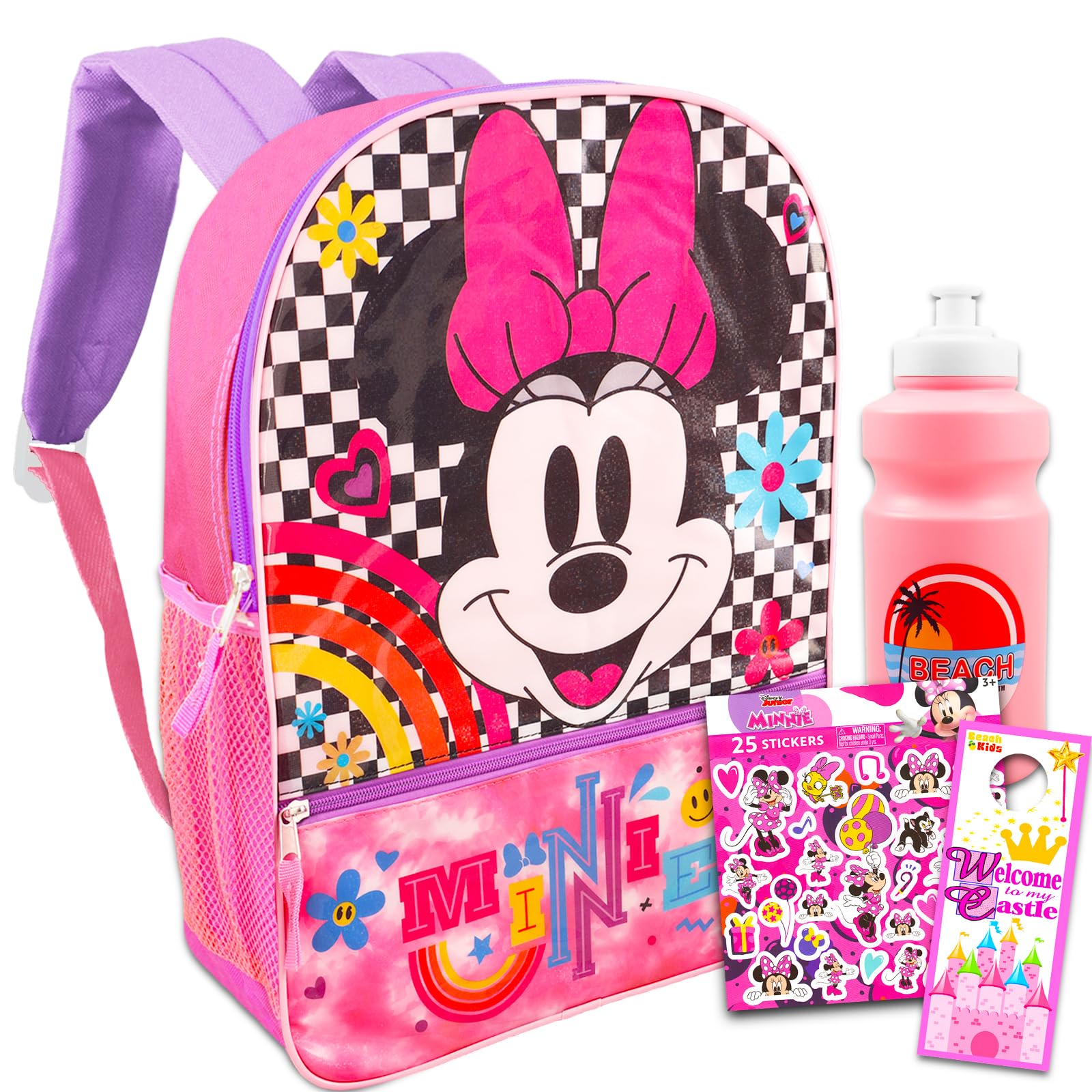 Minnie Mouse Backpack for Girls 4-6 Set - Bundle with 16” Disney Minnie Mouse Backpack, Water Bottle, Stickers, More | Disney Minnie Mouse School Backpack