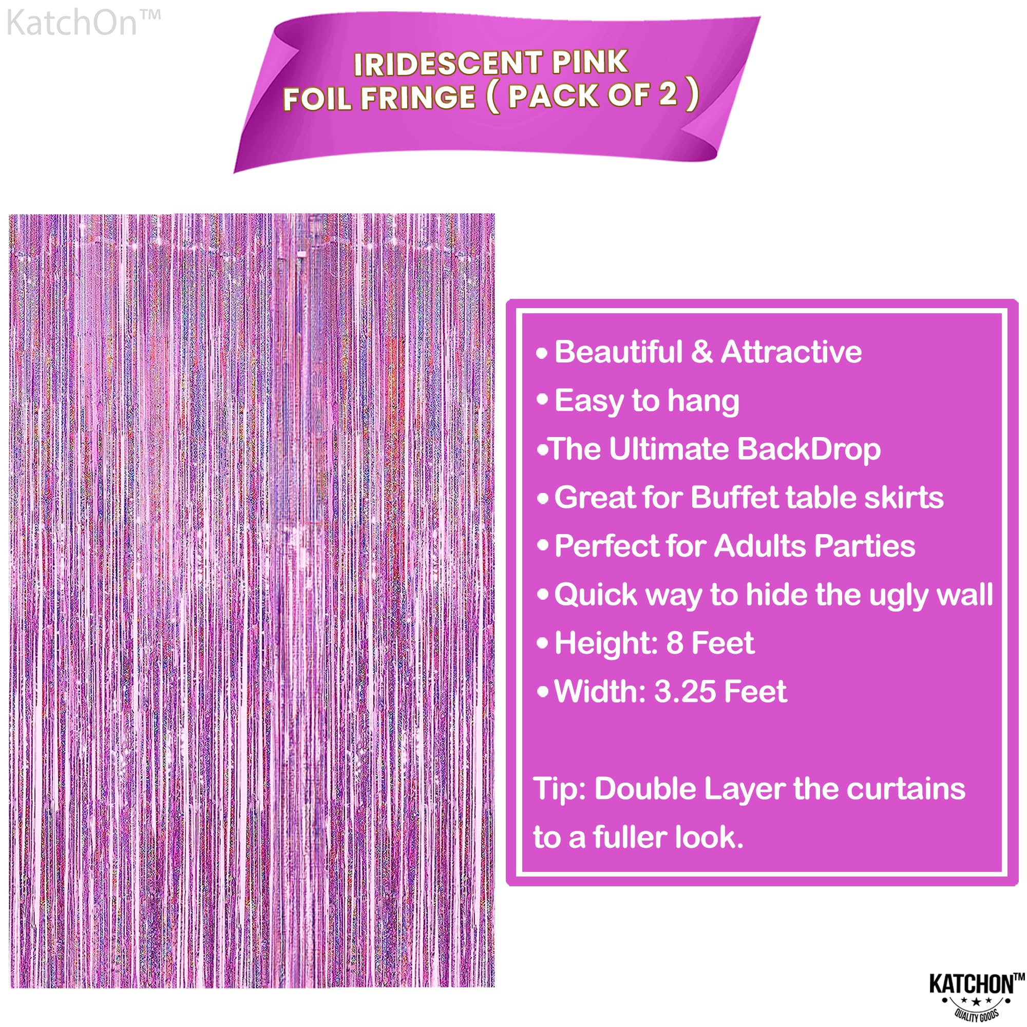 KatchOn Iridescent Pink Backdrop Curtain - XtraLarge 3.2x8 Feet, Pack of 2 | Pink Streamers for Pink Party Decorations | Pink Fringe Backdrop for Pink Birthday Decorations | Pink Fringe Photo Backdrop