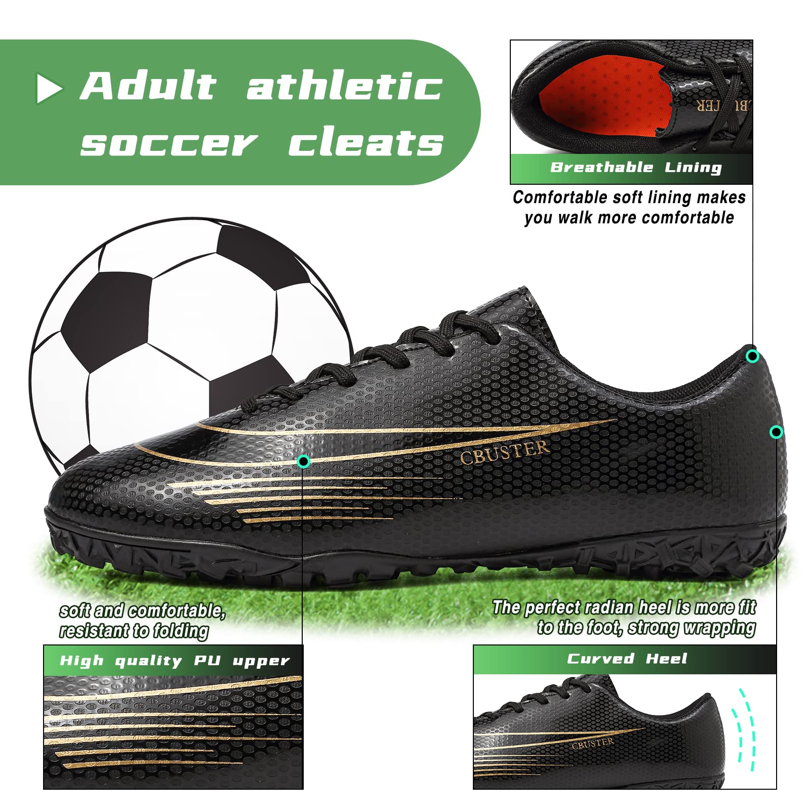 Indoor Soccer Shoes Mens Soccer Cleats Women Turf Soccer Shoes Men Zapatos de Futbol para Hombres Football Cleats Women Tacos de Futbol para Hombre Tacos de Futbol Youth Futsal Shoes TF Black