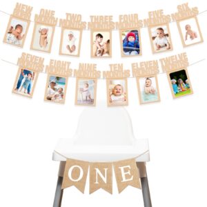 one high chair first birthday burlap banner one banner and 1st birthday photo banner for boy girl newborn 12 month one year old birthday decorations monthly milestones garland photo prop supplies