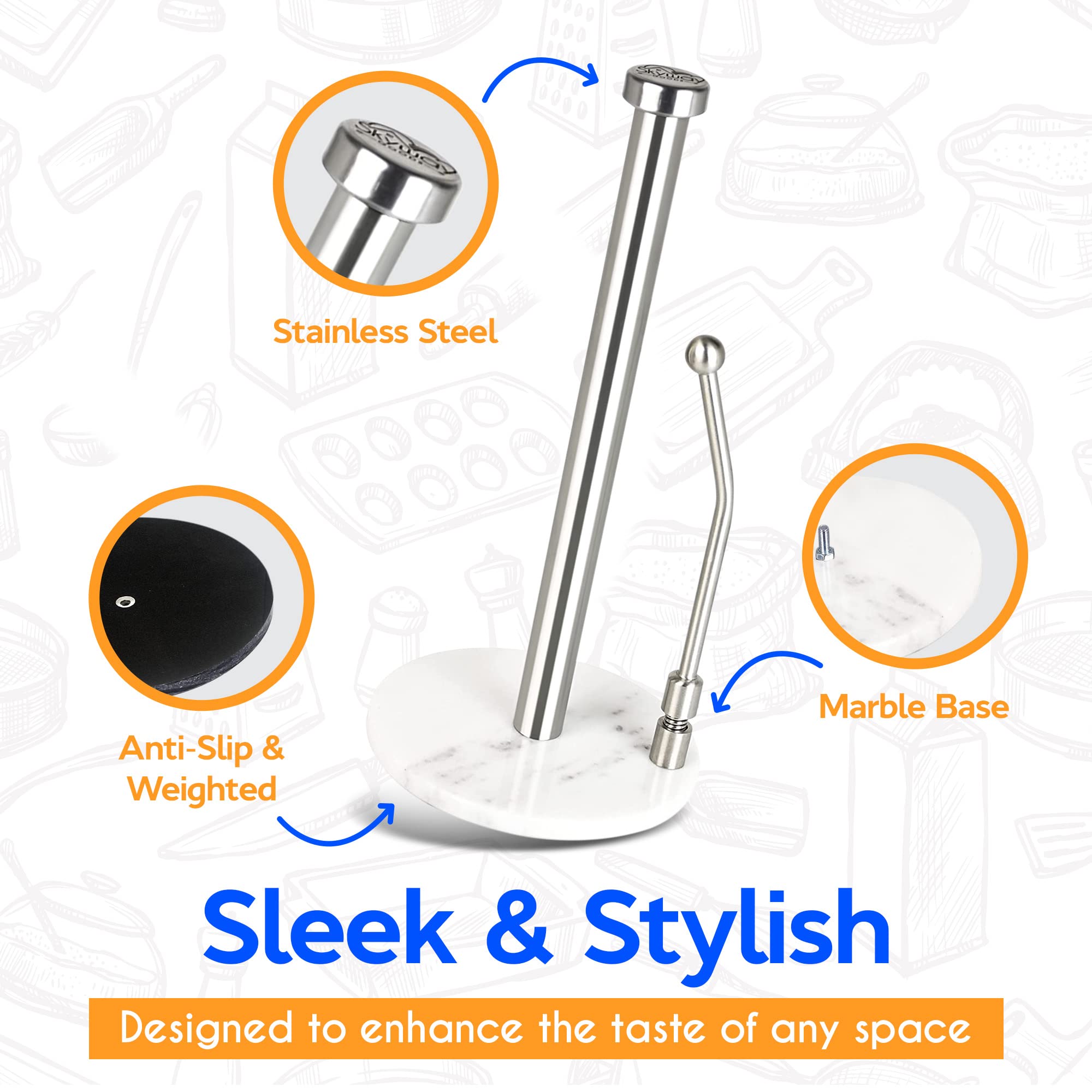 Skyway Goods - Stainless Steel Paper Towel Holder, Paper Towel Stand with Weighted Anti-Slip Base, Sleek Kitchen Countertop Paper Towel Holder, Space-Saving Paper Towel Holder, Light Marble Base