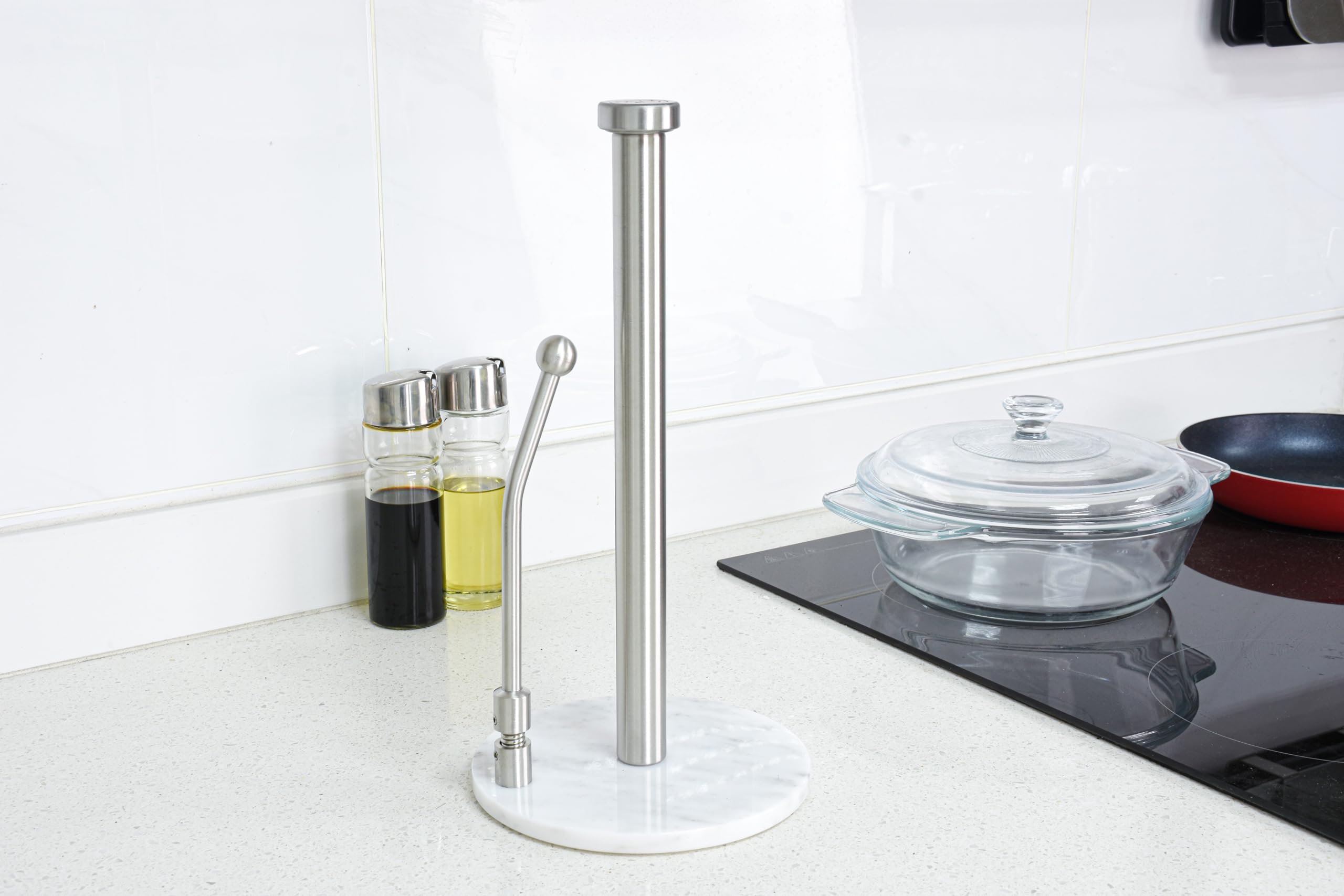 Skyway Goods - Stainless Steel Paper Towel Holder, Paper Towel Stand with Weighted Anti-Slip Base, Sleek Kitchen Countertop Paper Towel Holder, Space-Saving Paper Towel Holder, Light Marble Base