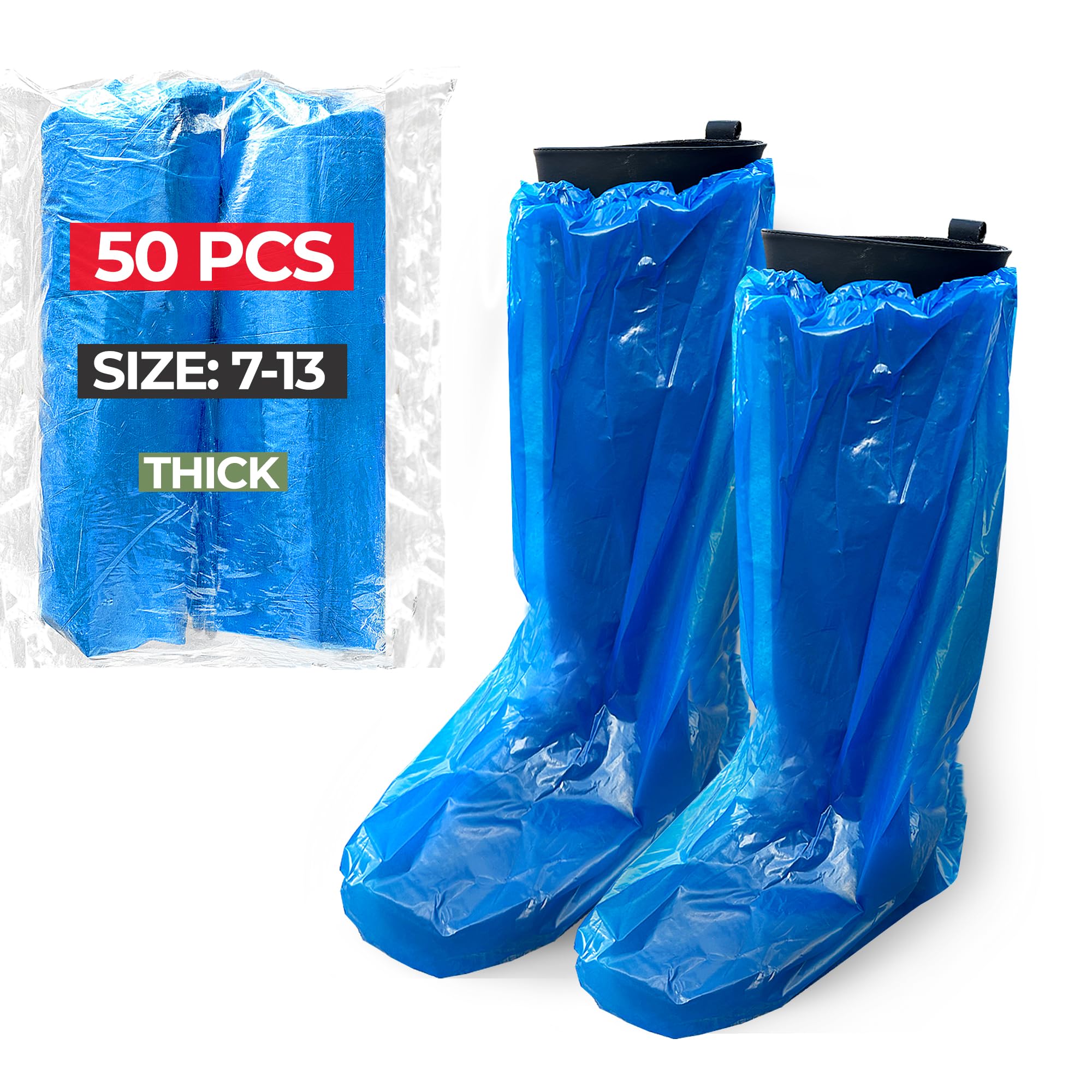 Large Thicker Boot And Shoe Covers Disposable Non-Slip 50 Pack (25 Pairs) Waterproof Durable Reusable Rain, Outdoor Indoors Overshoes, Fit Up To Men's 13, Blue, 20 Tall, Horlon