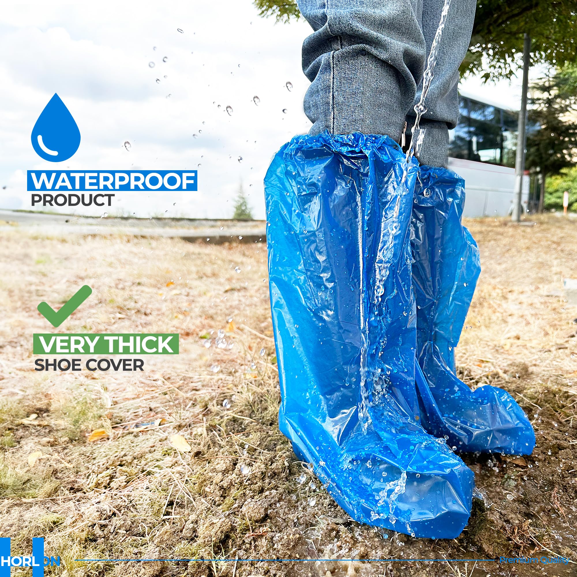 Large Thicker Boot And Shoe Covers Disposable Non-Slip 50 Pack (25 Pairs) Waterproof Durable Reusable Rain, Outdoor Indoors Overshoes, Fit Up To Men's 13, Blue, 20 Tall, Horlon