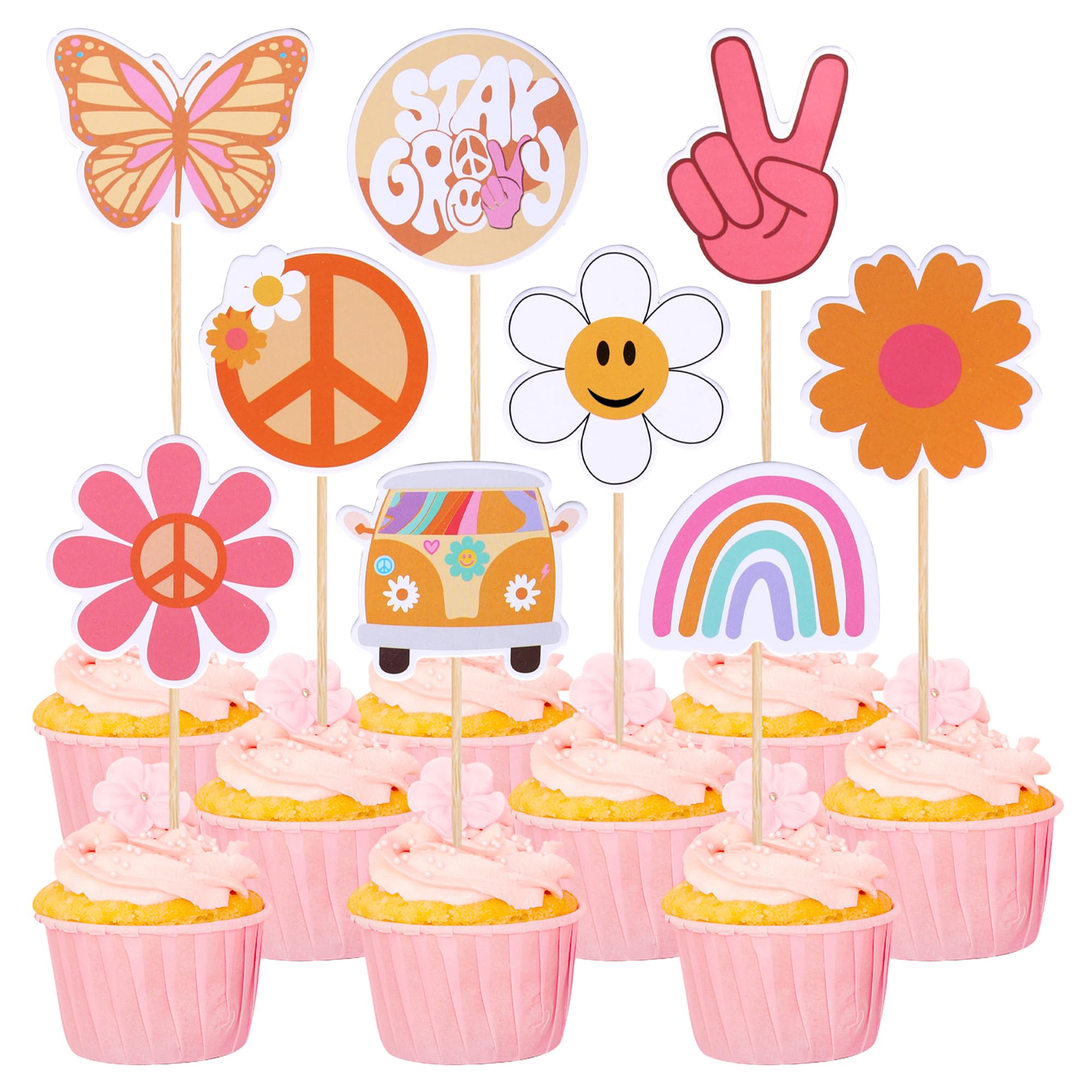 36 PCS Hippie Party Cupcake Toppers Peace Sign Hand Butterfly Two Groovy Cupcake Picks Dasiy Flower Bus 60s Retro Boho Cake Decorations for Hippie Two Groovy Carnival Theme 2nd Birthday Party Supplies