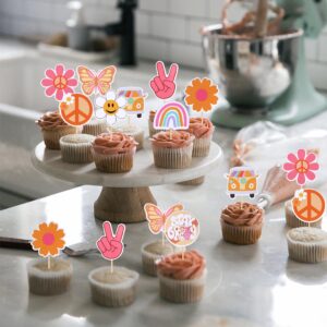 36 PCS Hippie Party Cupcake Toppers Peace Sign Hand Butterfly Two Groovy Cupcake Picks Dasiy Flower Bus 60s Retro Boho Cake Decorations for Hippie Two Groovy Carnival Theme 2nd Birthday Party Supplies