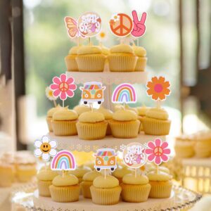 36 PCS Hippie Party Cupcake Toppers Peace Sign Hand Butterfly Two Groovy Cupcake Picks Dasiy Flower Bus 60s Retro Boho Cake Decorations for Hippie Two Groovy Carnival Theme 2nd Birthday Party Supplies