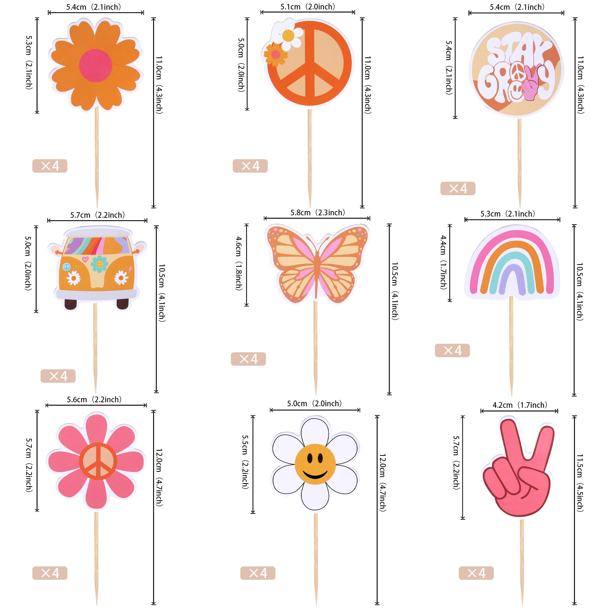 36 PCS Hippie Party Cupcake Toppers Peace Sign Hand Butterfly Two Groovy Cupcake Picks Dasiy Flower Bus 60s Retro Boho Cake Decorations for Hippie Two Groovy Carnival Theme 2nd Birthday Party Supplies