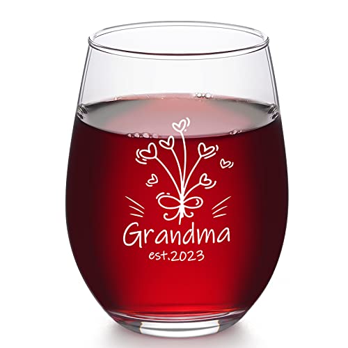 Futtumy Promoted To Grandma Gifts, Grandma Est 2023 Stemless Wine Glass for Mothers Day Christmas Pregnancy Announcement, First Time Grandma Gifts for Promoted To Grandma New Grandma, 17oz