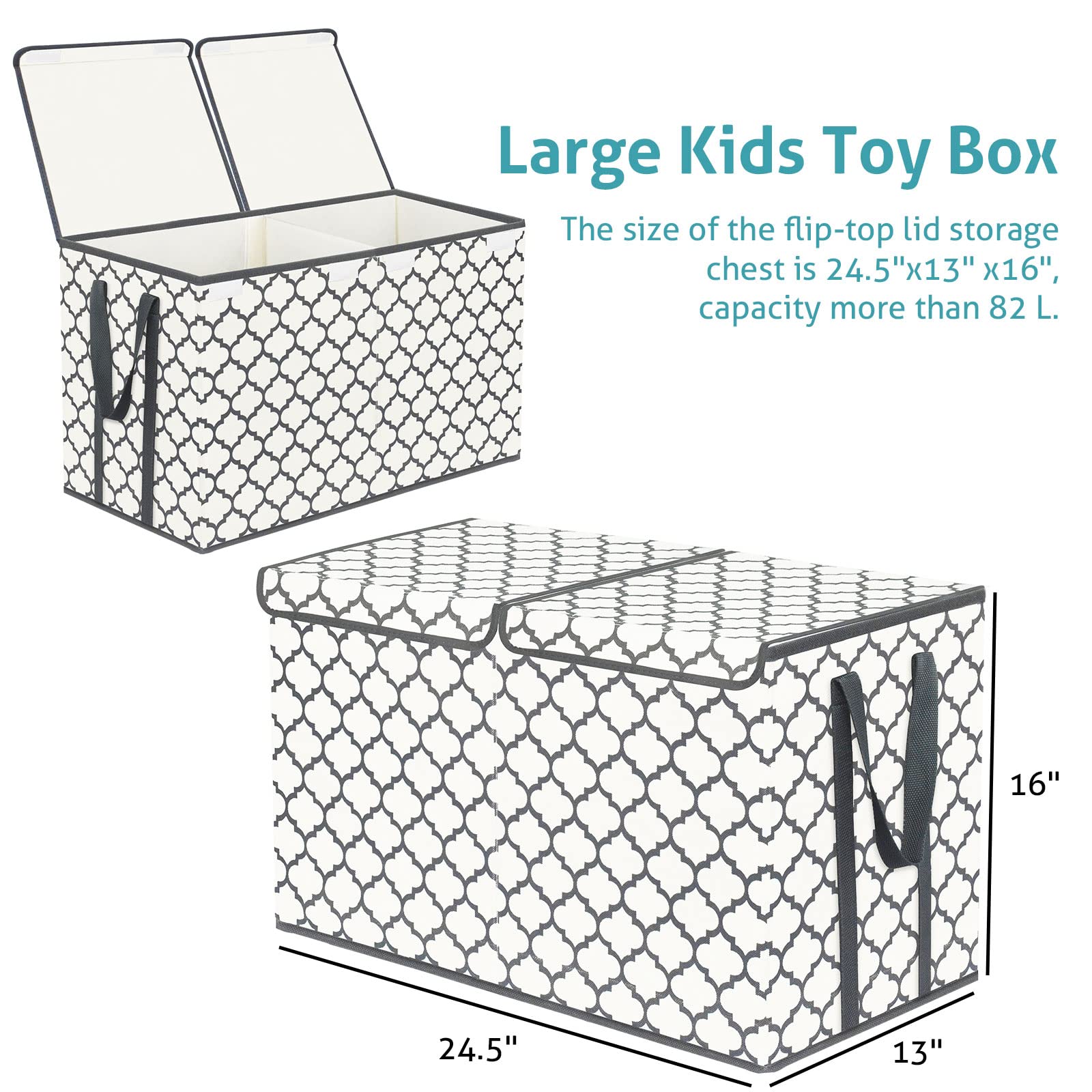 homyfort Toy Chest Box for Boys,Girls, Kids with Divider, Large Collapsible Storage Bins Container with Flip-Top Lid for Nursery, Playroom, Closet, Home Organization, 24.5"x13" x16" (Grey and Beige)