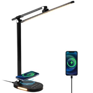 led desk lamp with wireless charger, usb charging port, touch control, 5 color modes, 5 brightness level, eye-caring desk lamp for study reading, 1h timer, home office table lamp