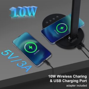 LED Desk Lamp with Wireless Charger, USB Charging Port, Touch Control, 5 Color Modes, 5 Brightness Level, Eye-Caring Desk Lamp for Study Reading, 1H Timer, Home Office Table Lamp