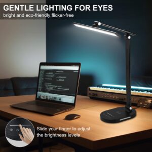 LED Desk Lamp with Wireless Charger, USB Charging Port, Touch Control, 5 Color Modes, 5 Brightness Level, Eye-Caring Desk Lamp for Study Reading, 1H Timer, Home Office Table Lamp