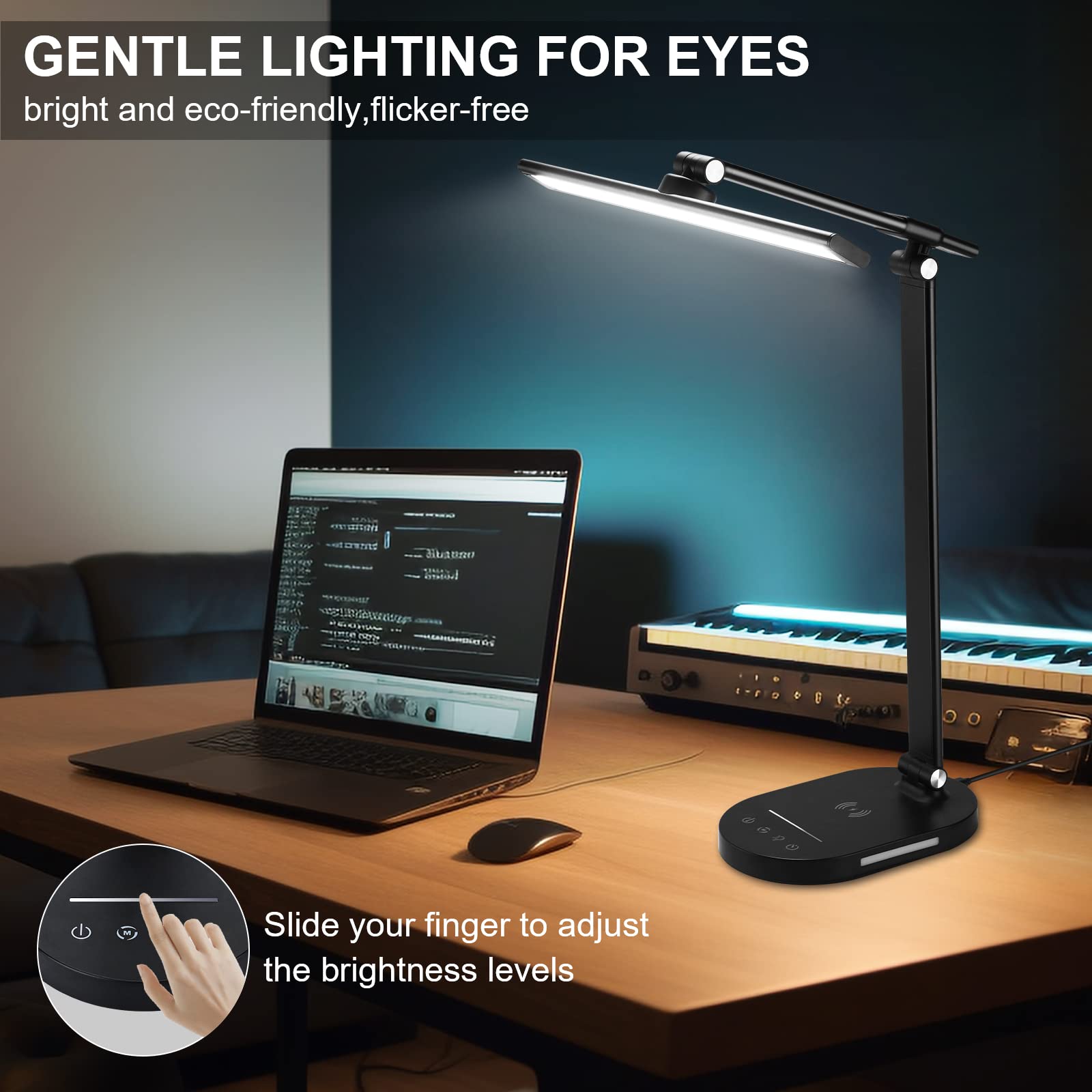 LED Desk Lamp with Wireless Charger, USB Charging Port, Touch Control, 5 Color Modes, 5 Brightness Level, Eye-Caring Desk Lamp for Study Reading, 1H Timer, Home Office Table Lamp