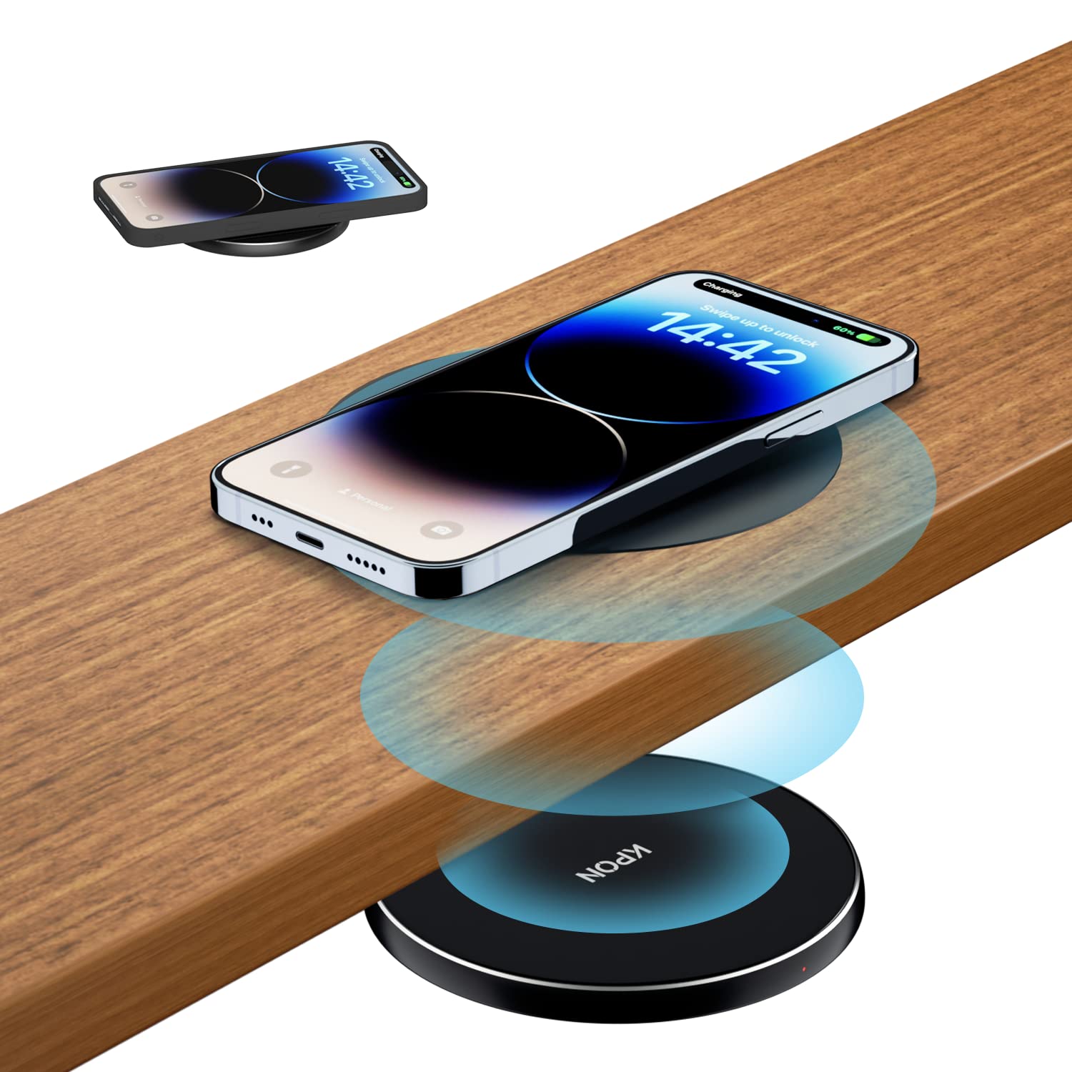 KPON Under Desk Wireless Charger, 0-30mm Invisible Wireless Phone Charger, Dual Uses On and Under Table Wireless Charging Pad for Furniture Nightstand (QC3.0 Adapter Included)