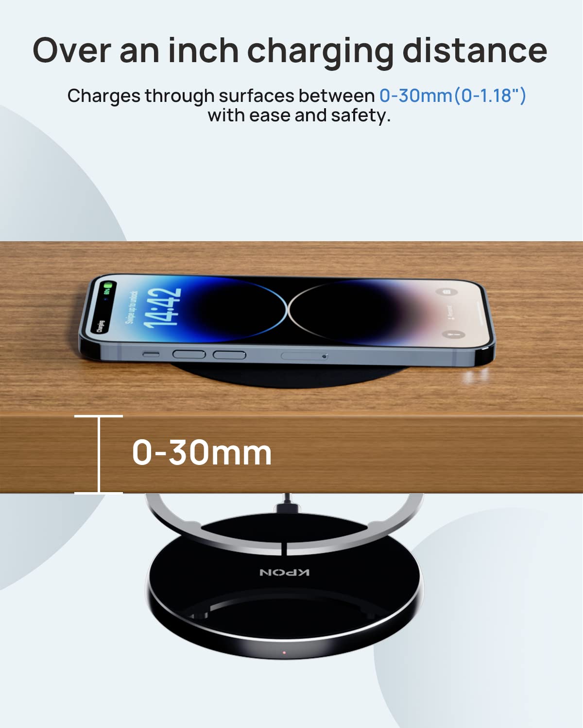 KPON Under Desk Wireless Charger, 0-30mm Invisible Wireless Phone Charger, Dual Uses On and Under Table Wireless Charging Pad for Furniture Nightstand (QC3.0 Adapter Included)