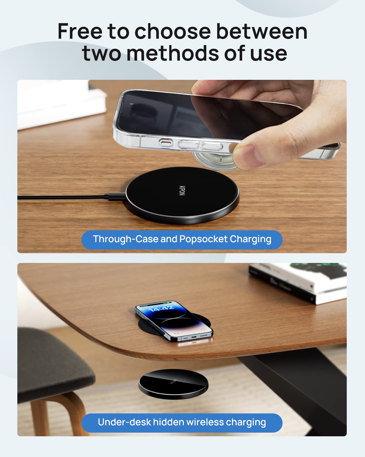 KPON Under Desk Wireless Charger, 0-30mm Invisible Wireless Phone Charger, Dual Uses On and Under Table Wireless Charging Pad for Furniture Nightstand (QC3.0 Adapter Included)