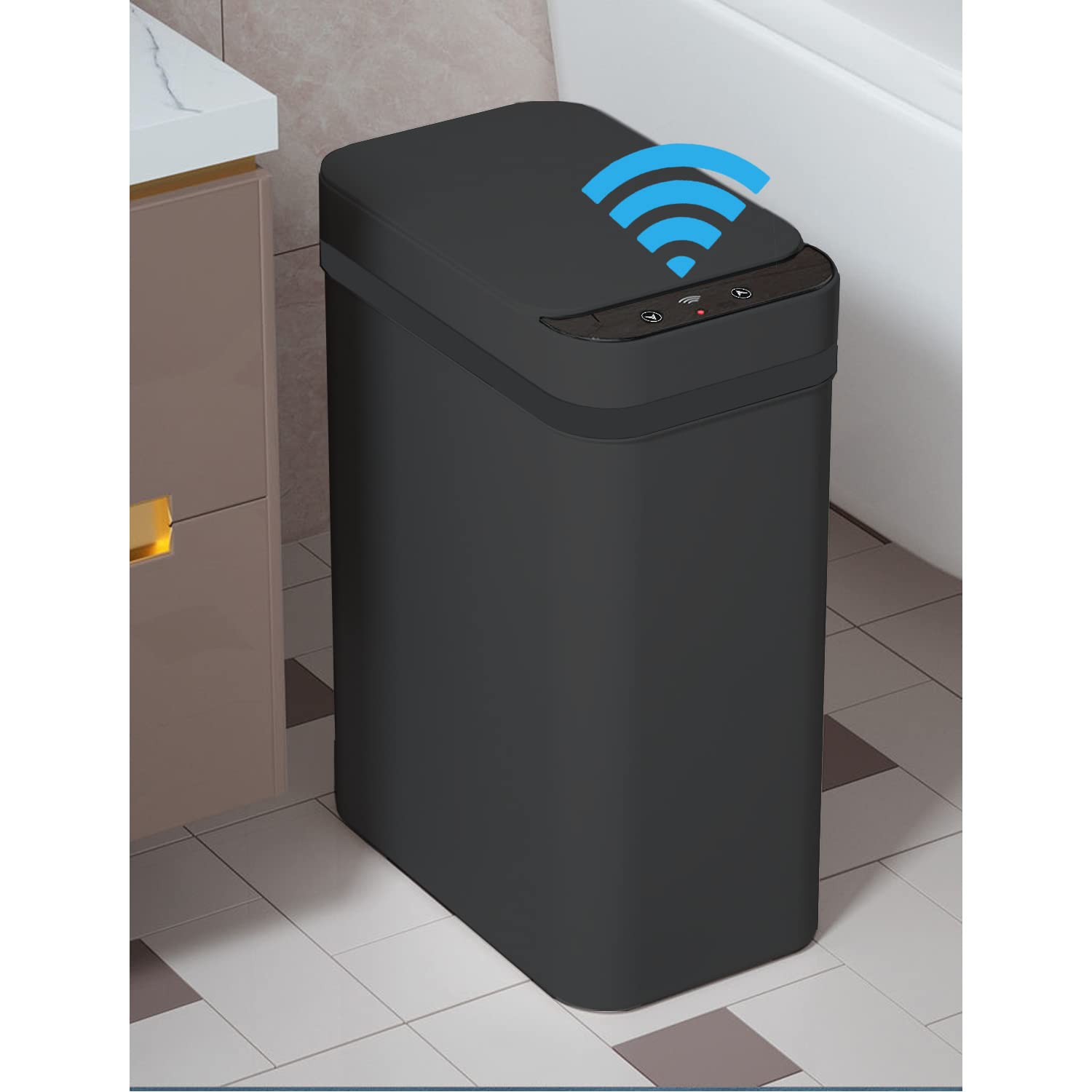 Yatmung Touchless Bathroom Trash Can - 2.5 Gallon Smart Trash Can Sensor Motion - Skinny Trash Bin with Lid - Electric, Narrow, Plastic, Auto Open - Small Slim Automatic Garbage Can (Black)