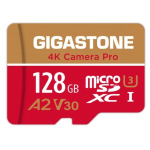 gigastone [5-yrs free data recovery] 128gb micro sd card, 4k camera pro max, a2 v30 microsdxc memory card for smartphone, gopro, action cams, 4k uhd video, up to 120/80 mb/s, uhs-i u3 c10 with adapter