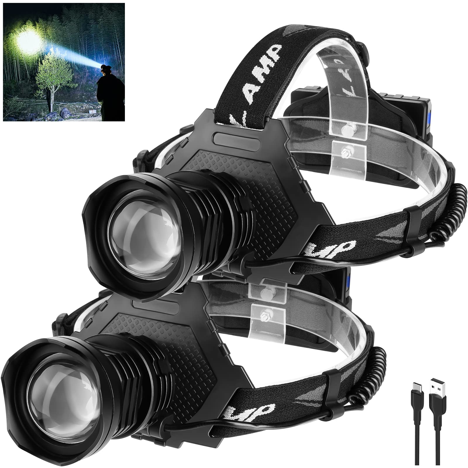 Led Rechargeable Headlamp, 100000 Lumens Head Lamps Outdoor Rechargeable, Bright Headlamps for Adults with 5 Modes & Ipx7 Waterproof 90° Adjustable Lamp Camping