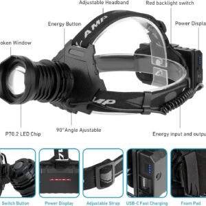 Led Rechargeable Headlamp, 100000 Lumens Head Lamps Outdoor Rechargeable, Bright Headlamps for Adults with 5 Modes & Ipx7 Waterproof 90° Adjustable Lamp Camping