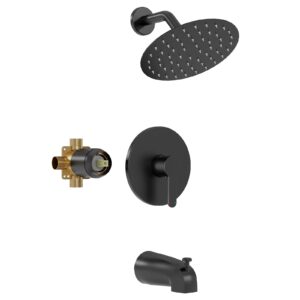 kurpot tub shower faucet set, 8 inch matte black shower head and handle set, high pressure bathtub shower faucet with valve, tub spout and trim kit, bathroom shower faucet sets complete, black