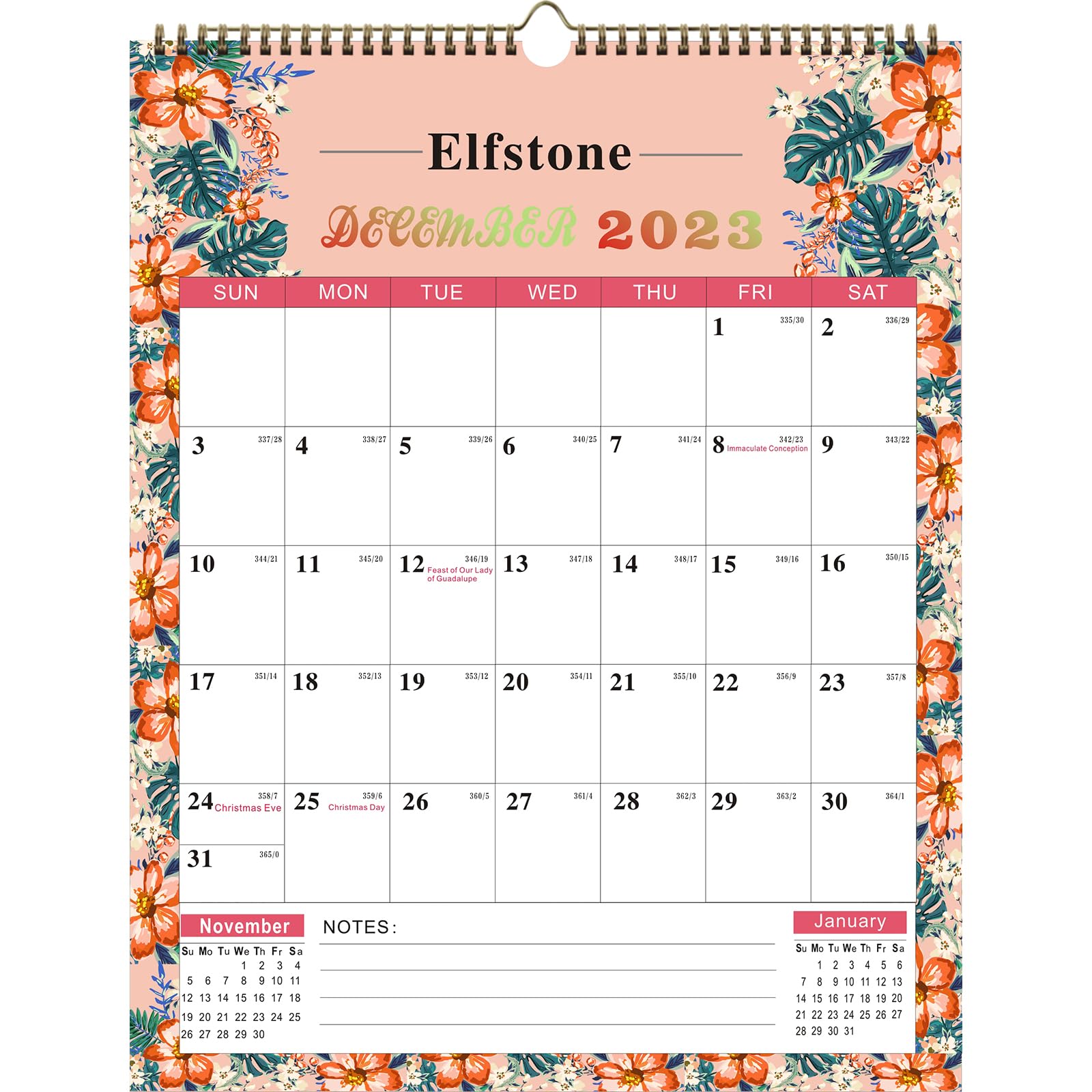 Elfstone 11x14 Inch Light Pink Color Wall Calendar-2023 December- 2024 September-Tear-Off Monthly Calendar with Built-in Hanging