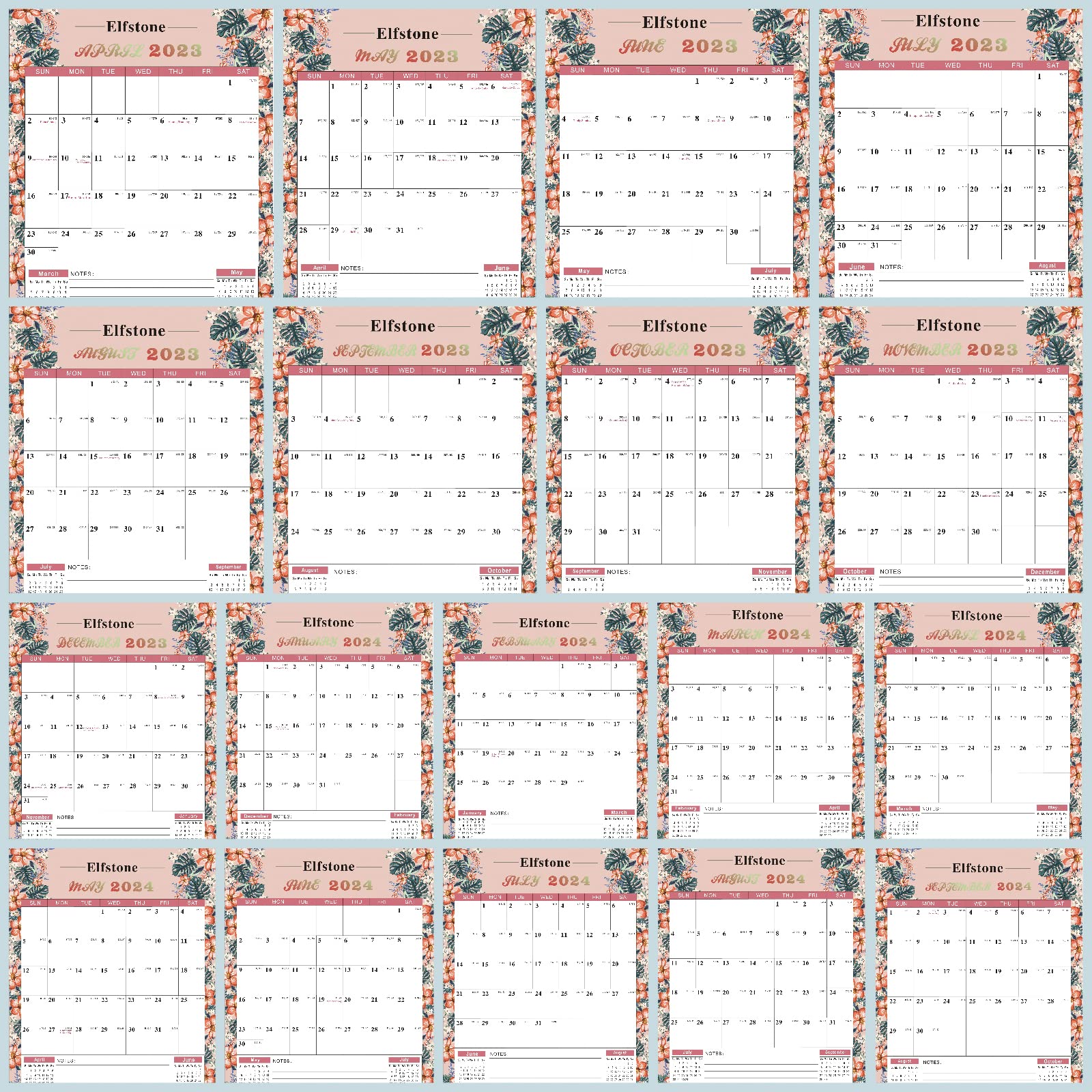 Elfstone 11x14 Inch Light Pink Color Wall Calendar-2023 December- 2024 September-Tear-Off Monthly Calendar with Built-in Hanging