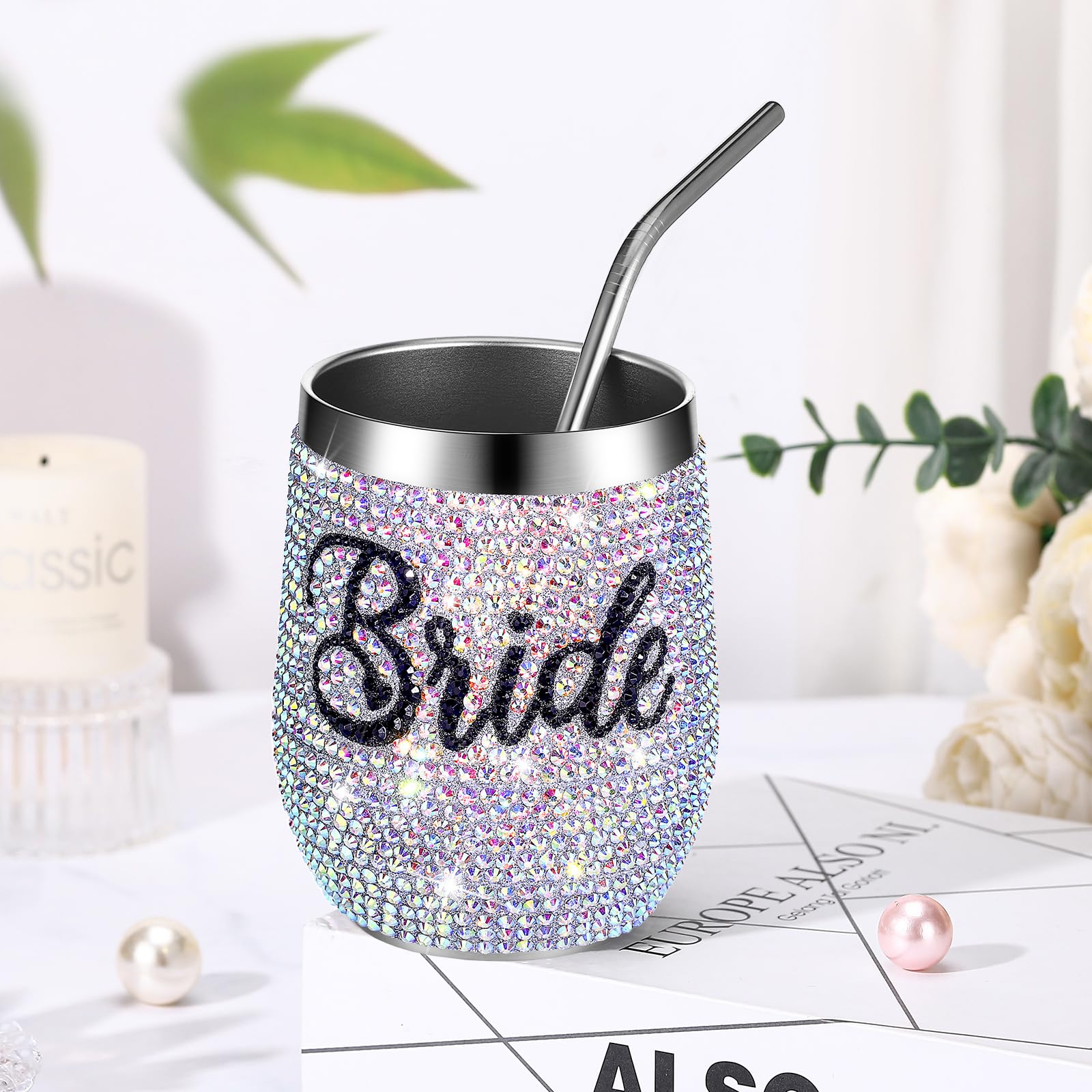 Hoolerry Bling Diamond Bride Tumbler Cup Bridal Insulated Tumbler Bride Gifts for Bridal Shower Engagement Gift Rhinestones Bride Cup Glitter Tumbler Bachelorette Party, AB Color (Eggshell)