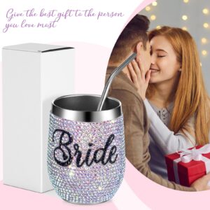 Hoolerry Bling Diamond Bride Tumbler Cup Bridal Insulated Tumbler Bride Gifts for Bridal Shower Engagement Gift Rhinestones Bride Cup Glitter Tumbler Bachelorette Party, AB Color (Eggshell)