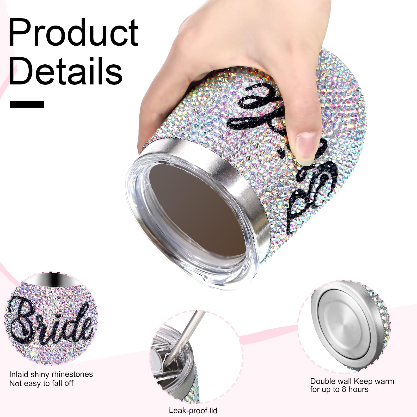 Hoolerry Bling Diamond Bride Tumbler Cup Bridal Insulated Tumbler Bride Gifts for Bridal Shower Engagement Gift Rhinestones Bride Cup Glitter Tumbler Bachelorette Party, AB Color (Eggshell)