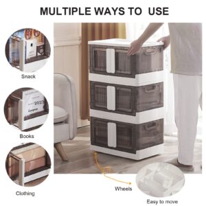 Sohapy 3 Packs Folding Storage Bins with Lids, 34 Qt./9 Gallon Storage Cabinet Containers, Plastic Shelves Organizer, Collapsible Box with Wheels, Stackable Room Organization with lid and Door