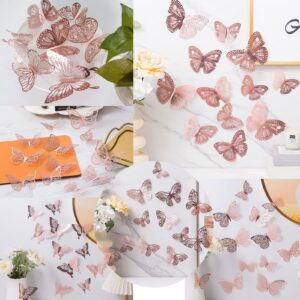 Ewong 60Pcs 3D Butterfly Wall Decal Birthday Cake Party Decoration 5 Style Mural Sticker Art Craft Kid Nursery Classroom Wedding Baby Shower Decorative Girl Bedroom Home Room Office Decor (Rose Gold)