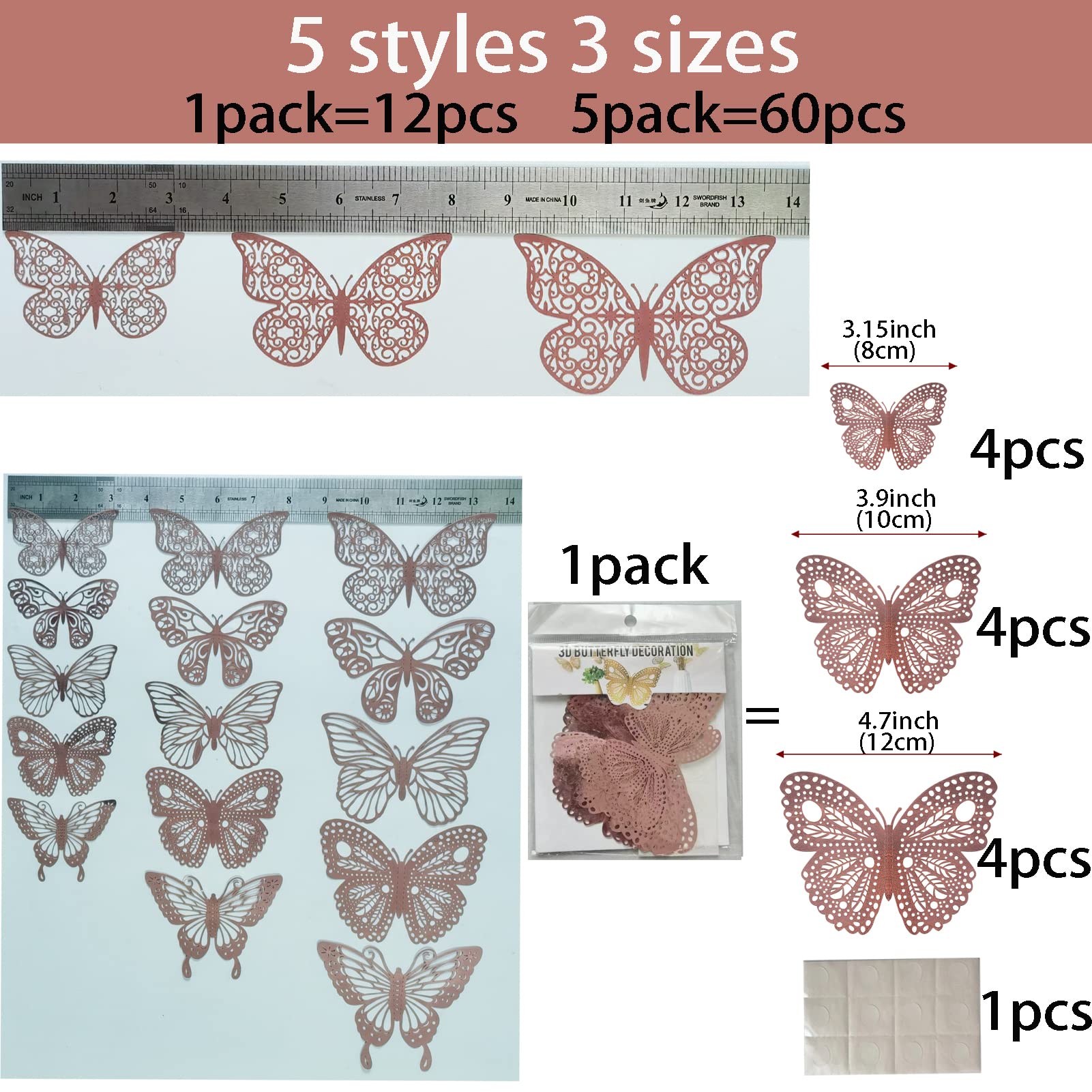 Ewong 60Pcs 3D Butterfly Wall Decal Birthday Cake Party Decoration 5 Style Mural Sticker Art Craft Kid Nursery Classroom Wedding Baby Shower Decorative Girl Bedroom Home Room Office Decor (Rose Gold)