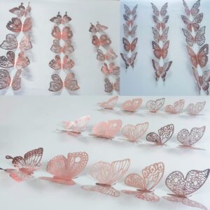 Ewong 60Pcs 3D Butterfly Wall Decal Birthday Cake Party Decoration 5 Style Mural Sticker Art Craft Kid Nursery Classroom Wedding Baby Shower Decorative Girl Bedroom Home Room Office Decor (Rose Gold)