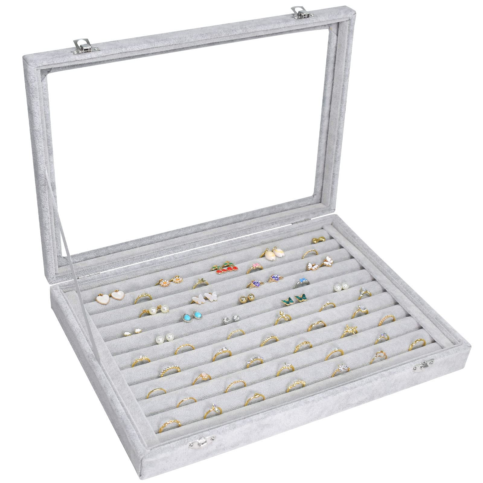 Siveit Rings Organizer Tray 10 Slots Velvet Ring Display Tray Insert Jewelry Earring Storage Box with Transparent Glass lid Can Hold 100 Rings Earrings Suitable for Girls and Women (Grey)