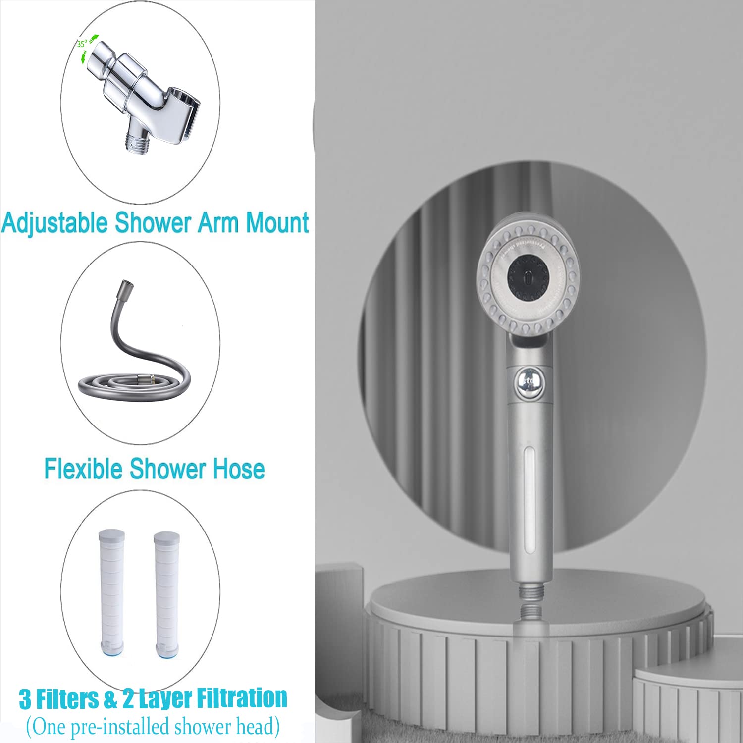 Shower Head with Handheld, Shower Heads High Pressure, High Flow Even with Low Water Pressure-Hand Held Showerhead Set,3 Modes Filtered Showerhead with 59″Replacement Hose/Bracket/Cotton Filters