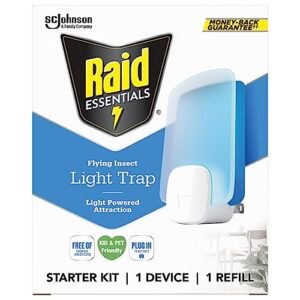 raid essentials flying insect light trap starter kit, 1 plug-in device + 1 cartridge, featuring light powered attraction