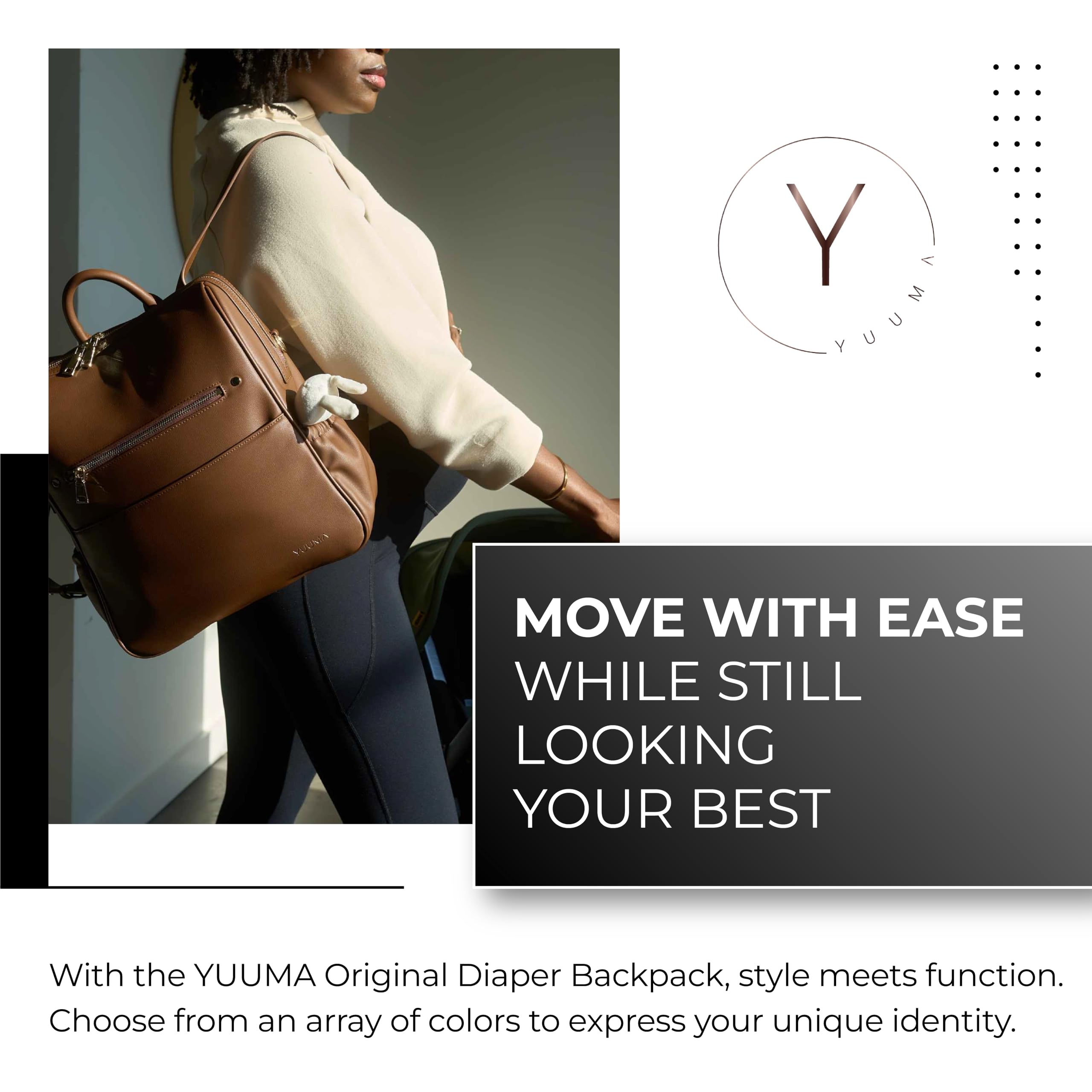 YUUMA Collection Original Diaper Backpack - Vegan Leather Baby Bag - Gold Zipper - Multiple Pockets - Easy Clean Nylon Interior - Many Colors - Modern Diaper Bag (Onyx)