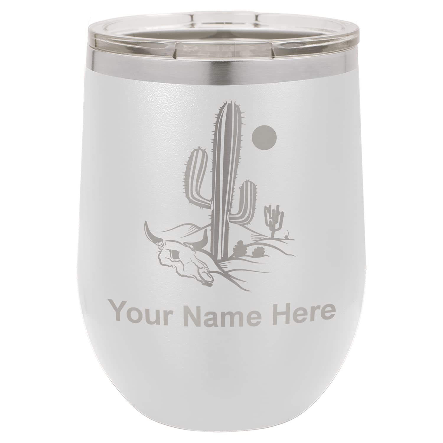 LaserGram Double Wall Stainless Steel Wine Glass Tumbler, Cactus, Personalized Engraving Included (White)