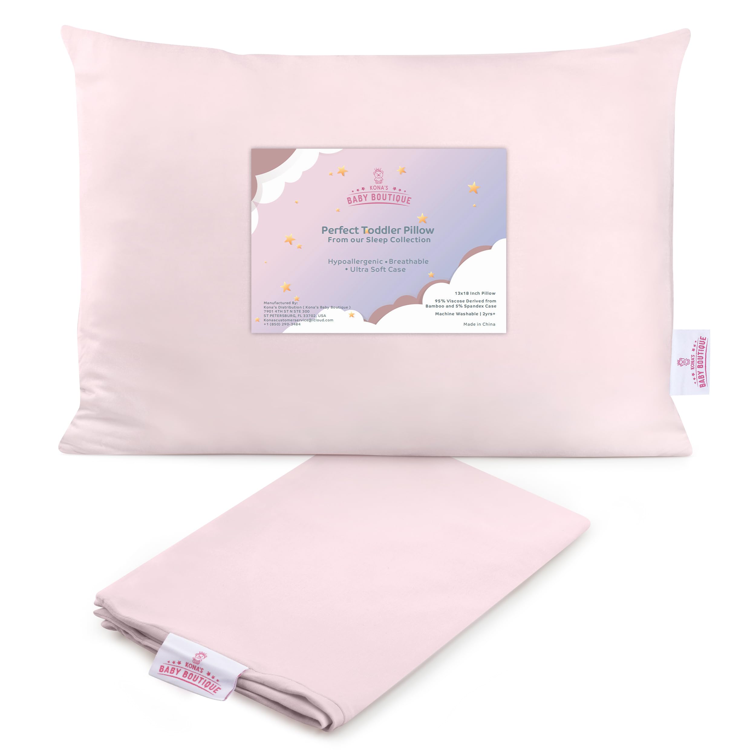 Pink Kona's Perfect Toddler Pillow with Soft Toddler Pillowcase - 13 x 18 inch Toddler Pillow - Toddler Pillow 2 Year Old