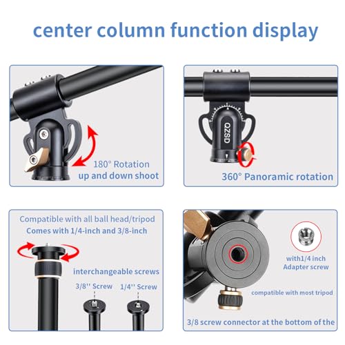 41" Aluminum Tripod Extension arm Retractable Horizontal Center Column arm with 1/4'' and 3/8'' scerws, 360° rotatable for Overhead, Multi-Angle Photography,Load Up to 33lbs,Tripod not Included