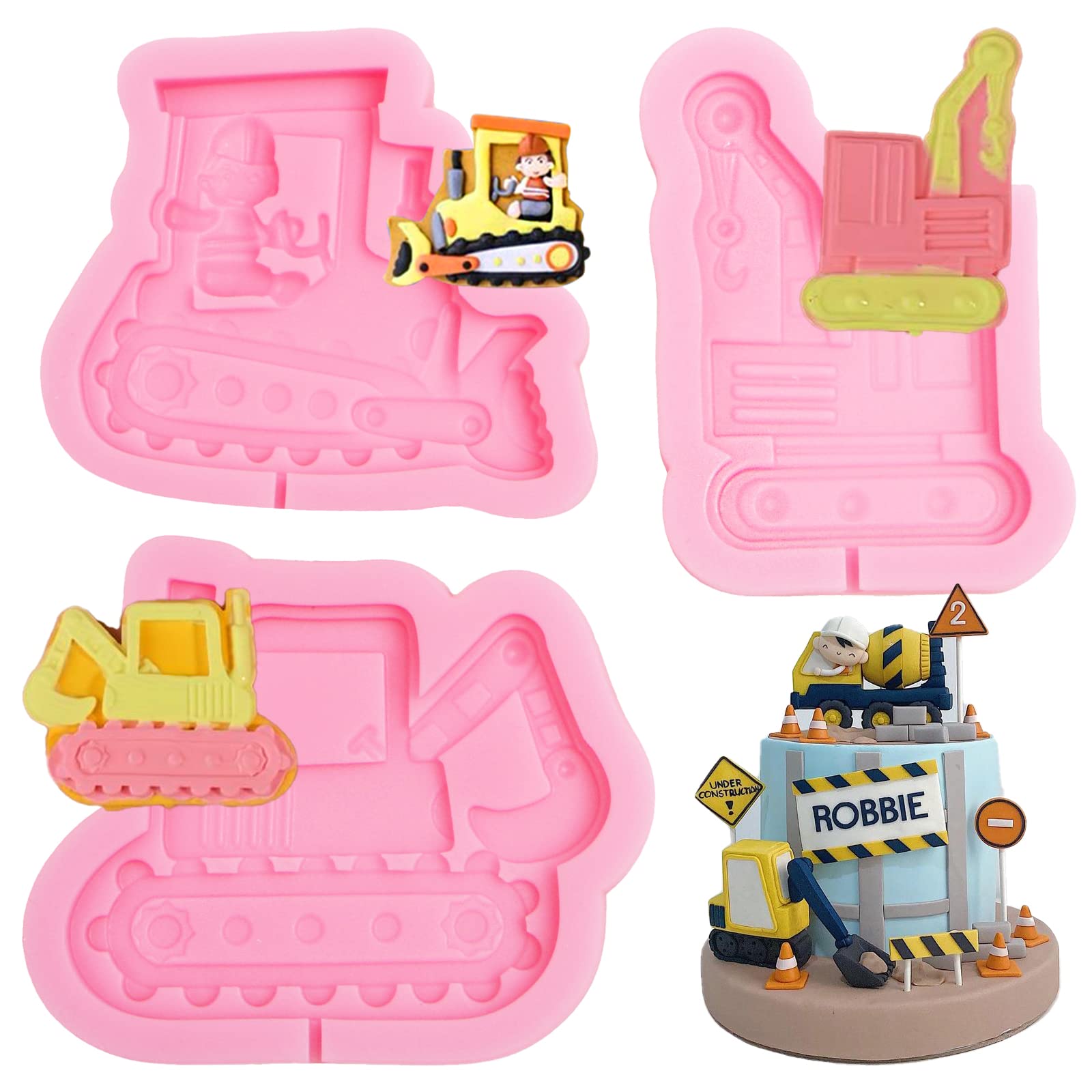 Bulldozer Silicone Fondant mold, Excavator Crane Chocolate Molds, Construction Site Theme Candy Baking Molds for Cake Decoration Cupcake Topper Clay Resin