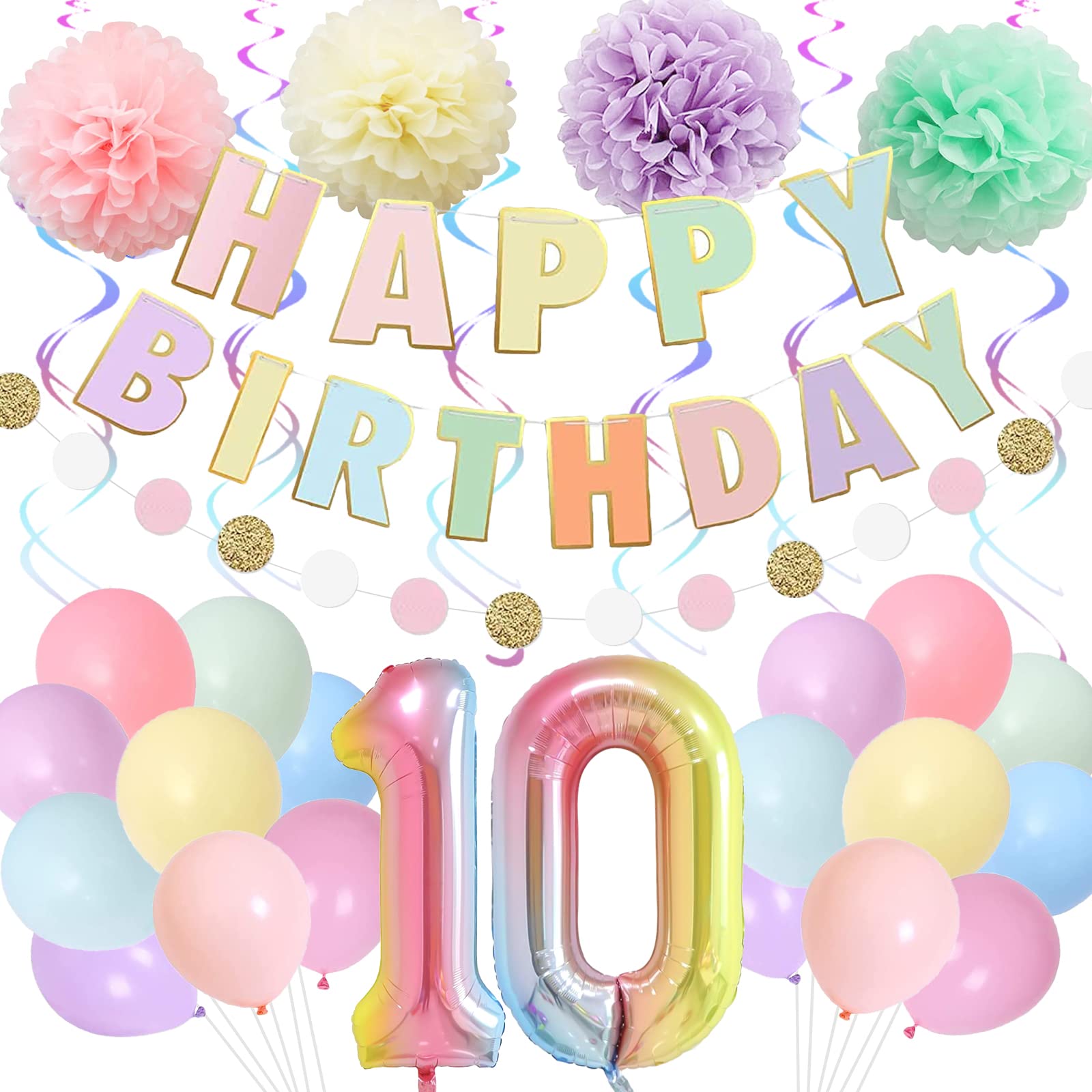 BRT Bearingshui 10th Birthday Decorations for Girls Boys, 40 Inch Rainbow Gradient Number 10 Balloon, 10th Birthday Balloon, Happy Birthday Banner, Children’s 10th Birthday Party Supplies for Kids