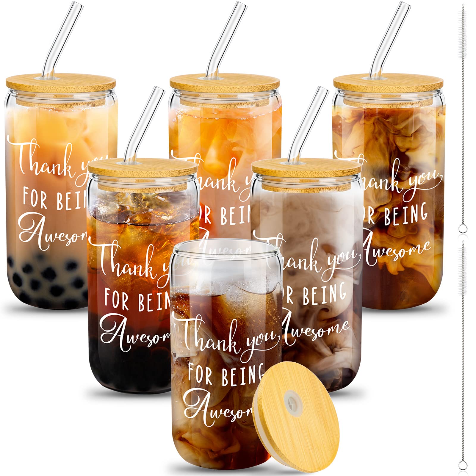 Purpeak 6 Set Team Gifts for Employees Thank You Gifts Teacher Staff Appreciation Gifts 16oz Can Shaped Beer Glass with Lids Straws Brushes Thank You Cups for Nurse Coworkers(Stylish Style)