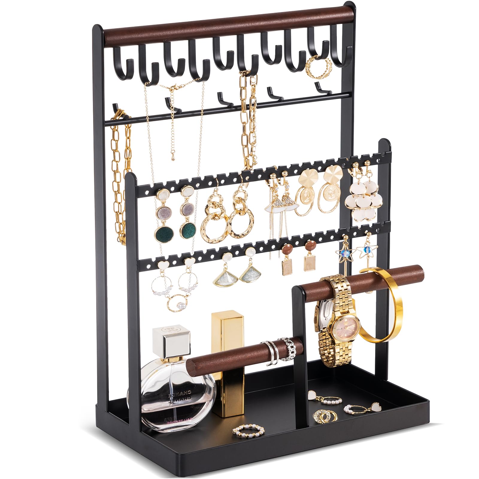 ProCase Jewelry Organizer Stand Necklace Organizer Earring Holder Mothers Day Gift, 6 Tier Jewelry Stand Necklace Holder with 15 Hooks, Jewelry Tower Display Rack Storage Tree -Black