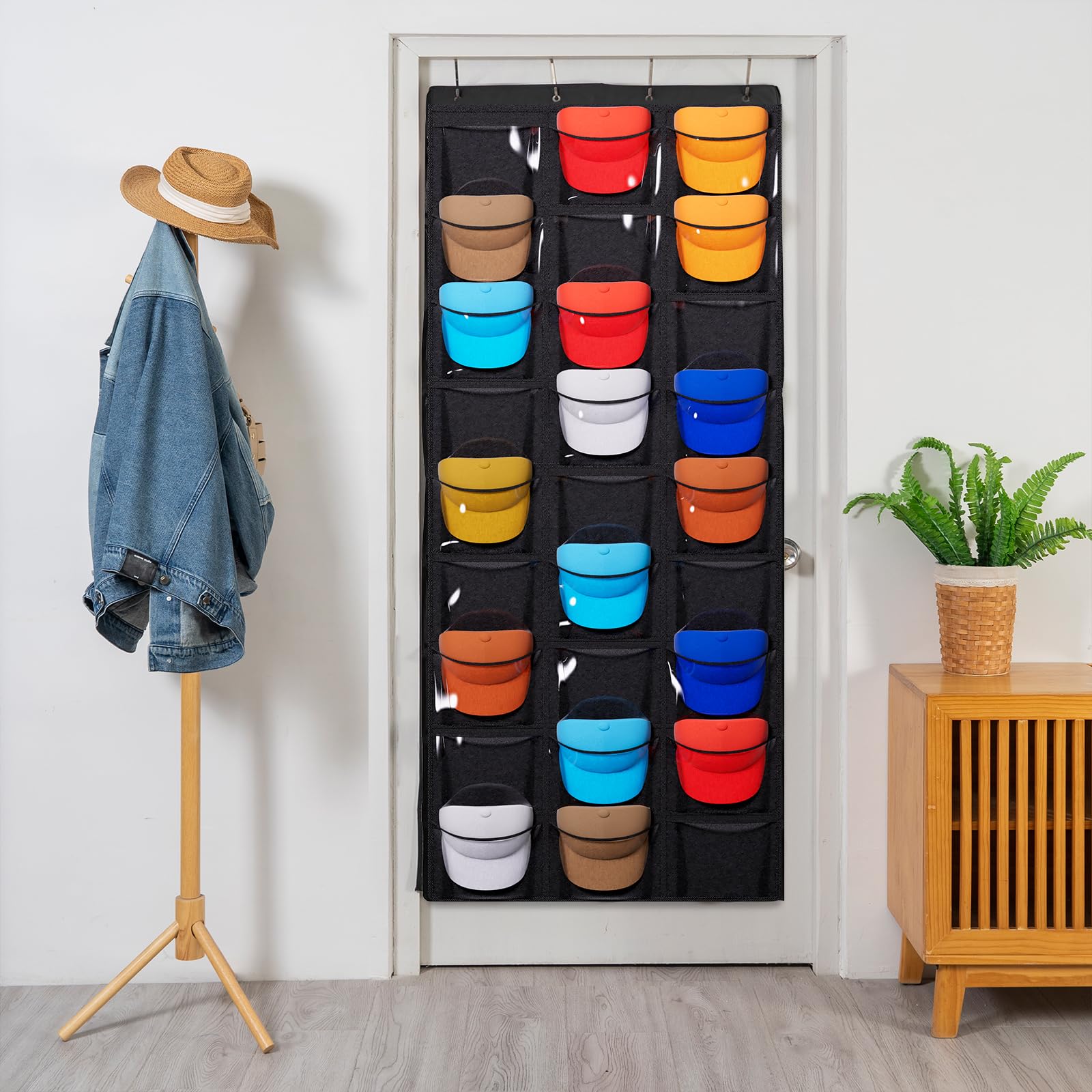 ProCase Hat Rack Hat Organizer for Baseball Caps, 27 Deep Pockets Hat Holder Over the Door Cap Organizer with 4 Hooks and 2 Ribbons for Wall Hanging, Ball Cap Storage Hat Display Hangers -Black, 1 Pcs