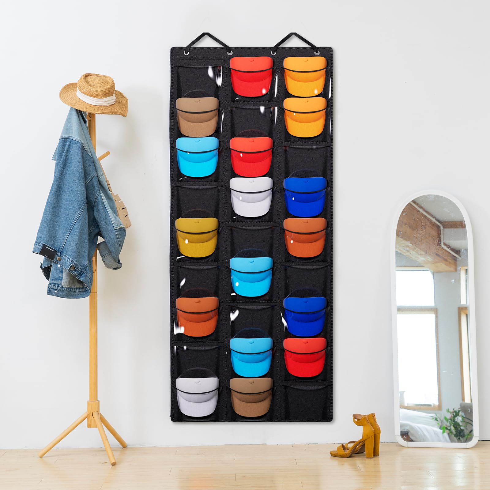 ProCase Hat Rack Hat Organizer for Baseball Caps, 27 Deep Pockets Hat Holder Over the Door Cap Organizer with 4 Hooks and 2 Ribbons for Wall Hanging, Ball Cap Storage Hat Display Hangers -Black, 1 Pcs