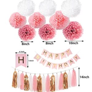 Pink Gold Birthday Party Decorations Set, pink Gold Glittery Happy Birthday banner, Tissue Paper Pom, Tassel Garland for Birthday Party Decorations for Man Women Birthday Party Decorations